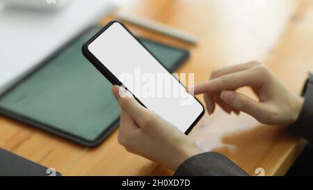 Finger tapping on blank mobile phone screen, smartphone display mockup ...