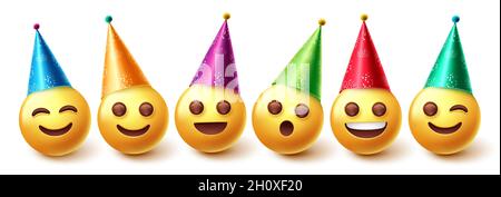 birthday happy face emoji party hat neon design image Stock Vector ...