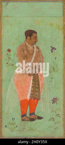 This portrait depicts Shah Jahan, the Mughal emperor, standing on a ...