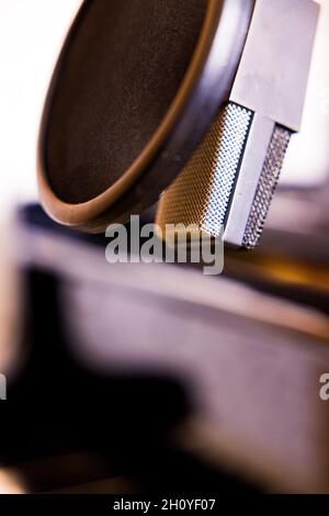 Vertical shot of a pop filter and a microphone Stock Photo - Alamy