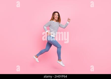 Profile photo of excited nice girl arms hold wheel look empty space ...