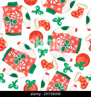 Watercolor seamless hand drawn pattern with Christmas ugly sweater ...