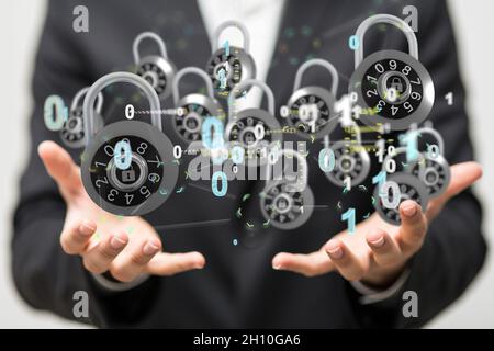 3D rendering of digital padlocks with binary codes on a hand Stock Photo - Alamy