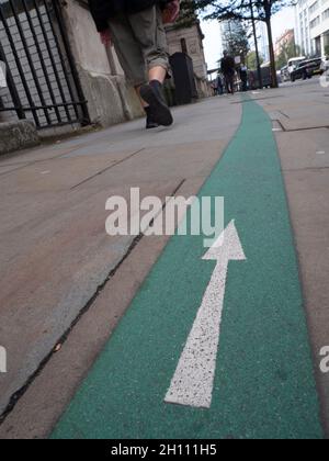Green line as guide for visually impaired on the exterior of Moorfields ...