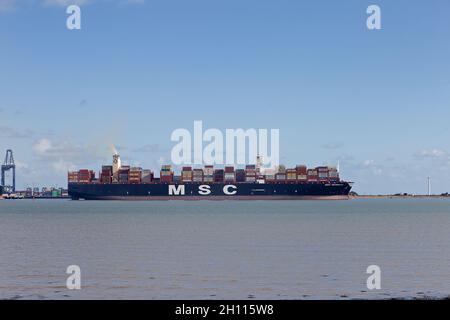 Container ship MSC Isabella leaving the Port of Felixstowe, Suffolk, UK ...