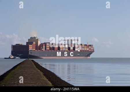 Container ship MSC Isabella leaving the Port of Felixstowe, Suffolk, UK ...