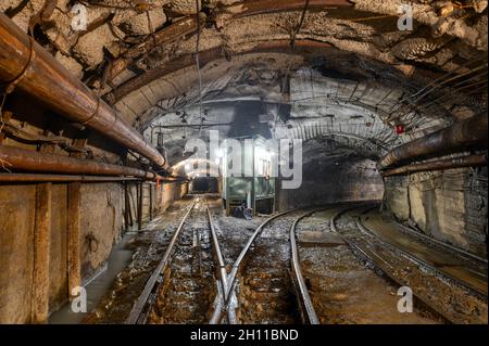 Underground mine. Underground railway for transporting ore. Mine ...