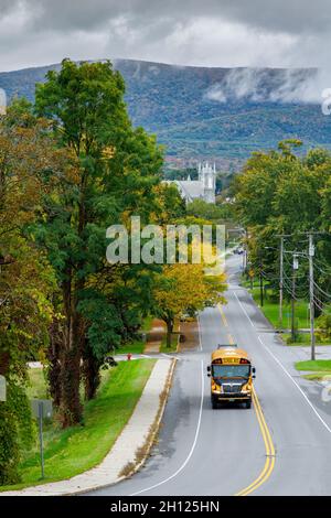 USA Vermont school bus on rural road lined with golden autumn trees and ...