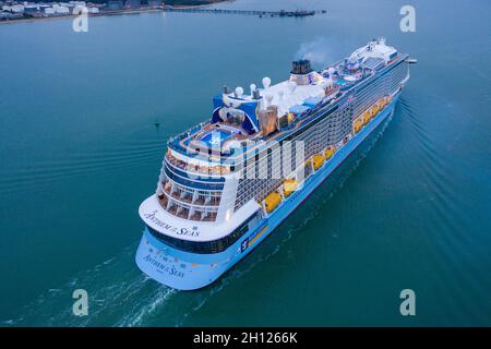 Aerial view of Anthem of the Seas Royal Caribbean cruise ship leaving ...