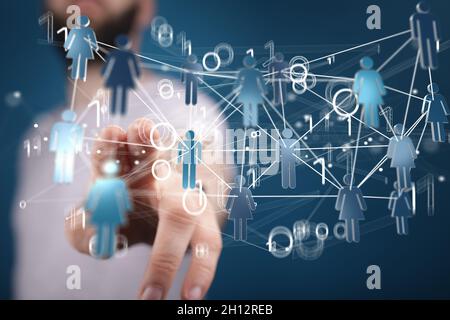 Person tapping 3D rendered floating human icons - digital work ...