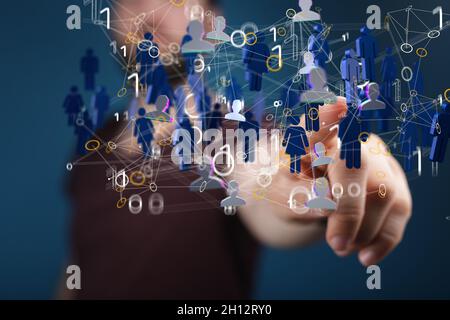 Person tapping floating 3D rendered red human icons Stock Photo - Alamy