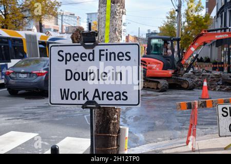 Speed fines double in work area sign Stock Photo - Alamy