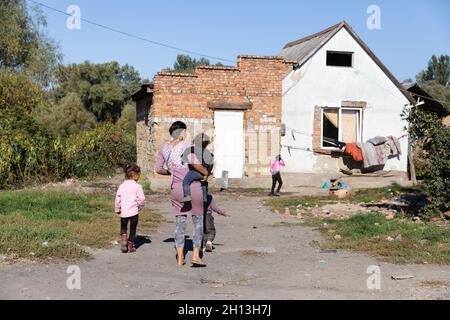 Roma houses. Gypsy slums on the outskirts of Uzhgorod in a roma village ...