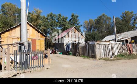Roma houses. Gypsy slums on the outskirts of Uzhgorod in a roma village ...