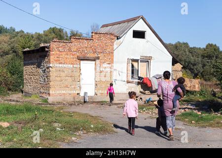 Roma houses. Gypsy slums on the outskirts of Uzhgorod in a roma village ...