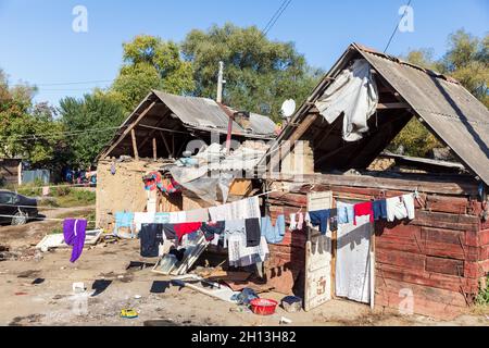 Roma houses. Gypsy slums on the outskirts of Uzhgorod in a roma village ...
