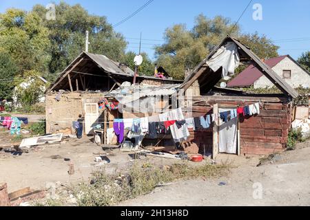 Roma houses. Gypsy slums on the outskirts of Uzhgorod in a roma village ...