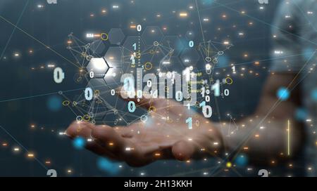 Abstract shot of a man's hand presenting a 3D rendered holographic ...
