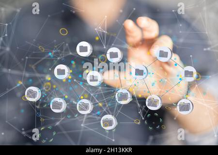 Abstract shot of a man's hand presenting a 3D rendered holographic ...