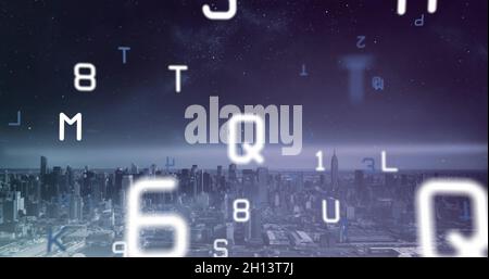 Image of falling numbers and letters over cityscape Stock Photo - Alamy