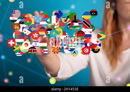 Illustration of international counties flags in hands of a human Stock ...