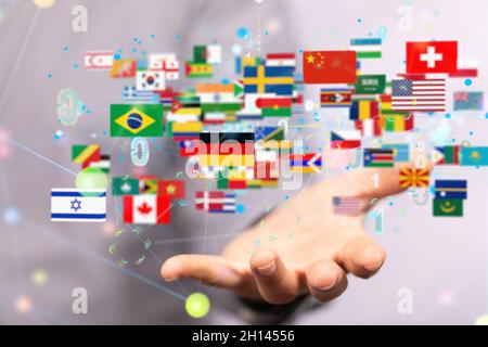 Illustration of international counties flags in hands of a human Stock ...