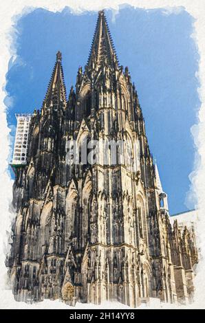 Watercolor drawing of Cologne cityscape of historical city centre with ...