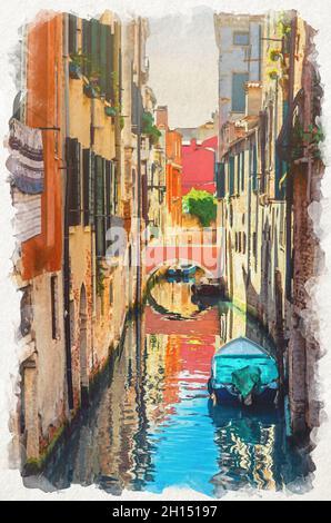Watercolor drawing of Venice cityscape with narrow water canal with ...