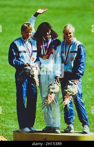 ANKE BEHMER East Germany wins the heptathlon before Soviet Unions Natalya Schubenkova at ...