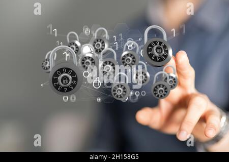 3D rendering of digital padlocks with binary codes with hand touching it from behind Stock Photo ...