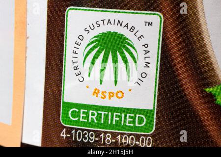 Certified sustainable palm oil RSPO sign on jar of hazelnut cream Stock ...
