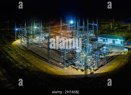 high voltage transformers at an Electricity transformation substation ...