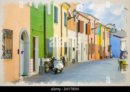 Watercolor drawing of Typical italian cobblestone street with ...