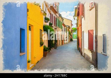 Watercolor drawing of Typical italian cobblestone street with ...