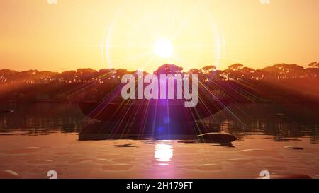 Beautiful sunset over the tropical lagoon, illustration 3d rendering ...