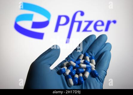 Ukraine. 17th Oct, 2021. In this photo illustration, a medicine pill in ...