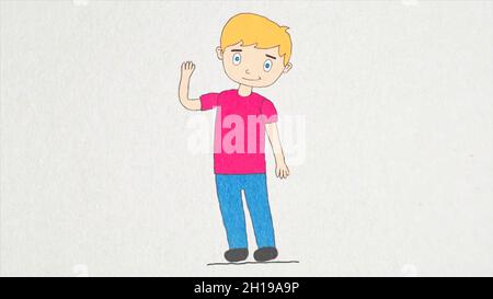 Animation of the cartoon boy, which is drawn on a list of paper and ...