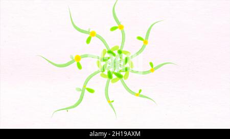 Swirling animation of stylized daisies, spiraling outwards against a ...