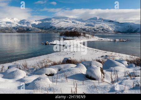 A scenic snowy fjord near Lodingen. Lodingen, Lofoten Islands, Nordland ...