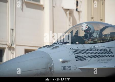 An Israeli pilot with a F-16 fighter jet in a hangar at Hatzor Israeli ...