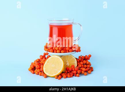 Composition with cup of tasty rowan tea, berries and lemon on blue ...