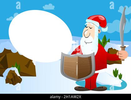 Cartoon Santa Claus with a sword and shield. Vector illustration Stock ...
