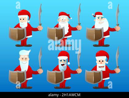 Cartoon Santa Claus with a sword and shield. Vector illustration Stock ...