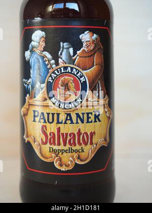 MUENCHEN, GERMANY - CIRCA MARCH 2020: Paulaner Salvator beer bottle ...