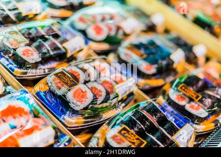 SINGAPORE - MAR 3, 2020: Prepackaged ready-to-eat sushi put up for sale ...