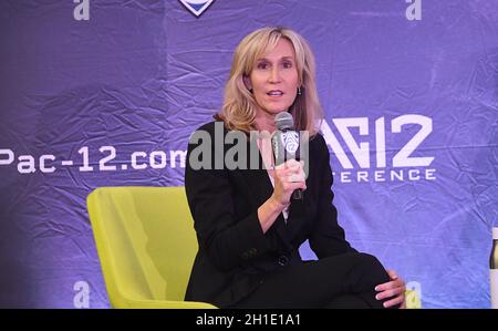 Washington head coach Tina Langley speaks during Pac-12 Conference NCAA ...