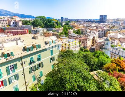 The arial view of center of Genova , Ligurian Sea , Liguria at Italy ...