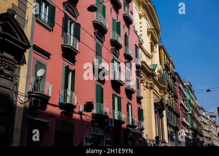 NAPLES, ITALY - APRIL, 2018: Beautiful facades of the antique buildings ...