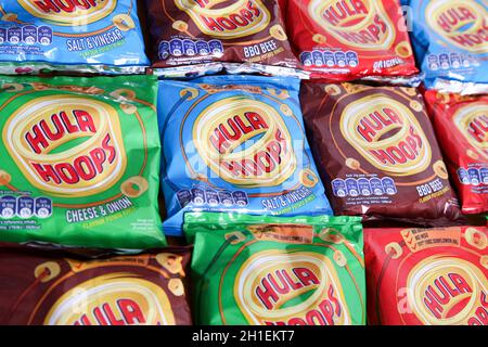 Hula Hoops, bags of Hula Hoop crisps, variety of flavours, close up ...