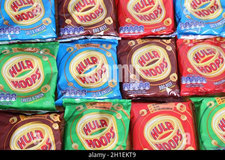 Hula Hoops, bags of Hula Hoop crisps, variety of flavours, close up ...